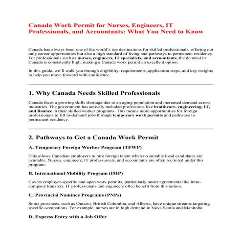 Canada Work Permit Guide for Nurses, Engineers, IT Professionals, and ...