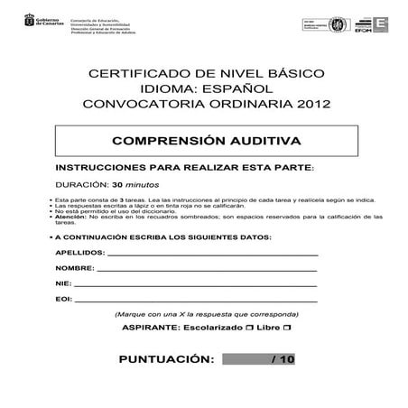 Comprensión auditiva Certificación Nivel Básico A2 Español EOI Canarias ...