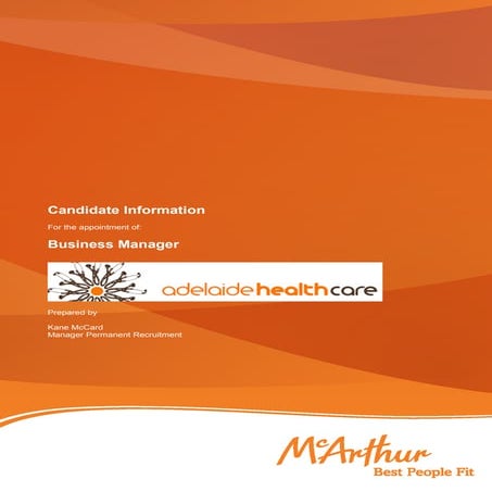 Business Manager: Adelaide Health Care Candidate Application Pack | PDF