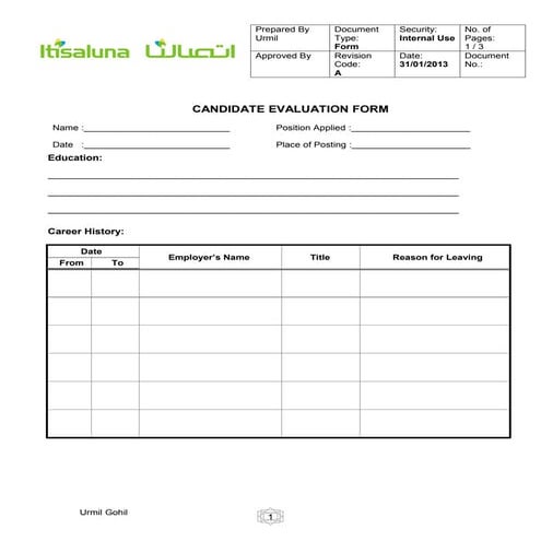 Candidate evaluation form for HR | DOC | Resume Writing and Advice ...