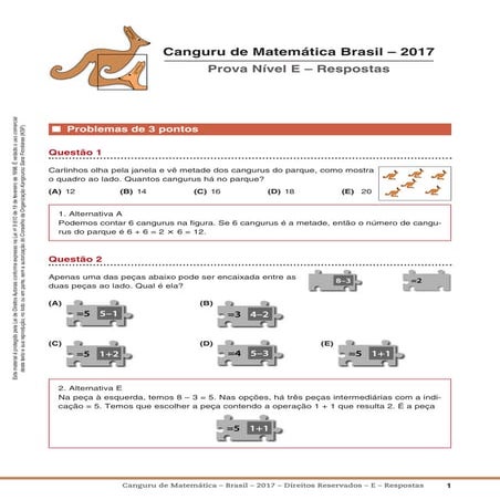 Prova Canguru da Matemática - 6º ano - 2017 | PDF