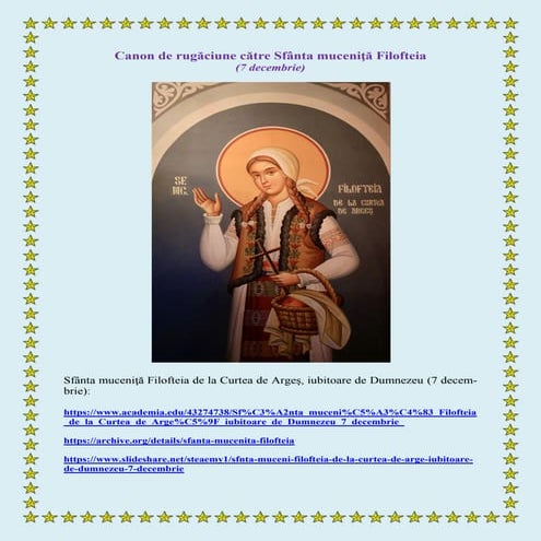 Canon de rugăciune către Sfânta muceniţă Filofteia (7 decembrie) | PDF