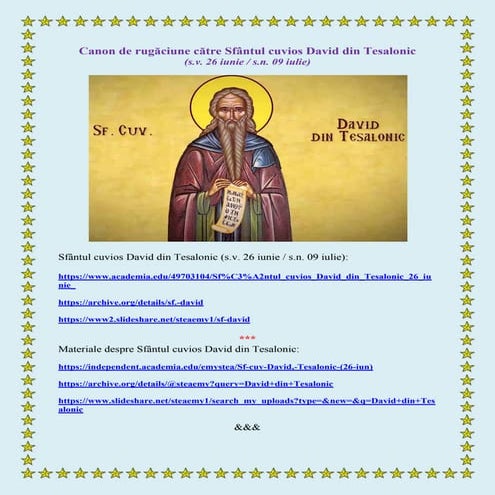 Canon de rugăciune către Sfântul cuvios David din Tesalonic (s.v. 26 ...
