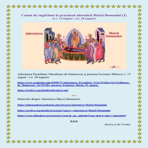 Canon de rugăciune la praznicul adormirii Maicii Domnului (1) (s.v. 15 ...