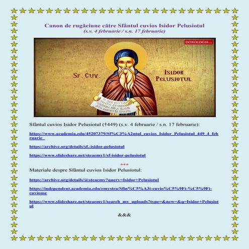 Canon de rugăciune către Sfântul cuvios Isidor Pelusiotul (s.v. 4 ...