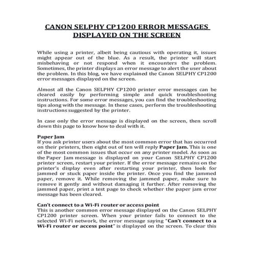 Canon selphy cp1200 error messages displayed on the screen | PDF