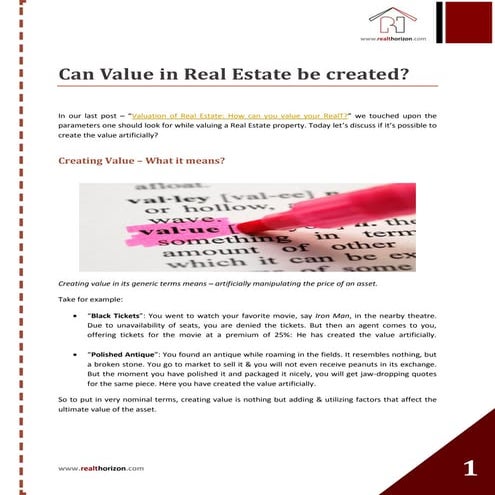 How can you create Value in Real Estate; artificially? | PDF