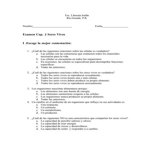 EXAMEN SERES VIVOS | DOC