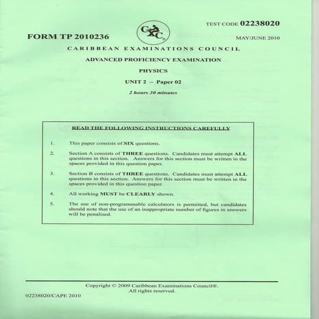 Cape physics U2 Paper 2 2010 | PDF