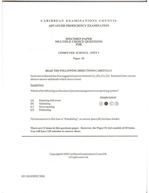 CAPE Computer Science Unit 1 Paper 1 - Practice Paper | PDF