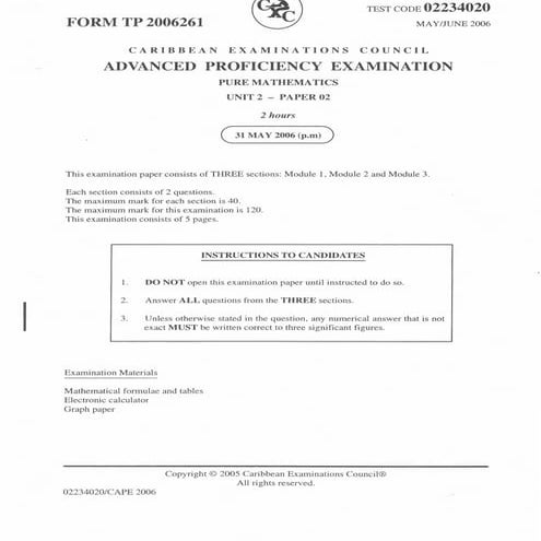 Cape pure math 2006 unit 2 paper 2 | PDF