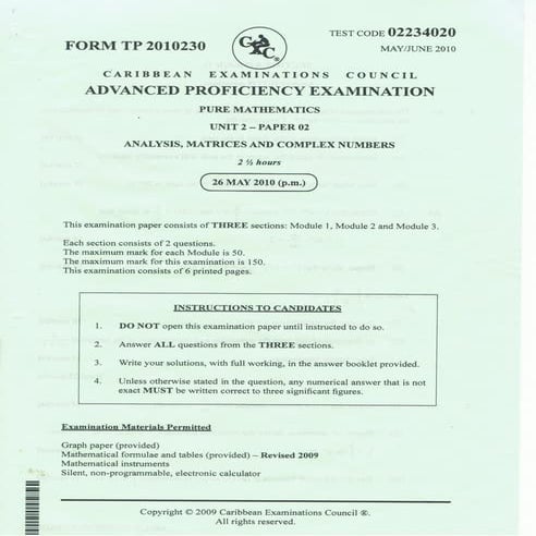 Cape pure math 2010 unit 2 paper 2 | PDF