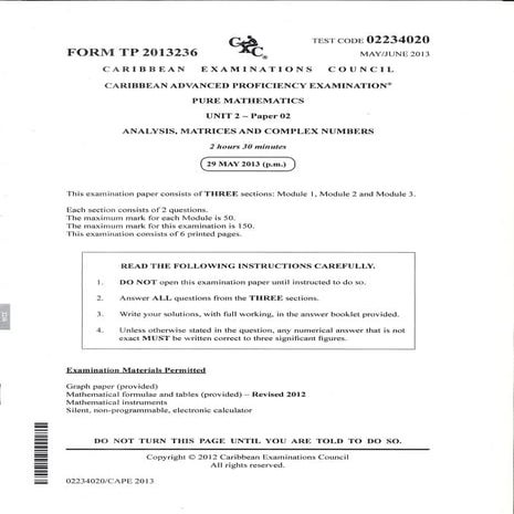 Cape pure math 2013 unit 2 paper 2 | PDF