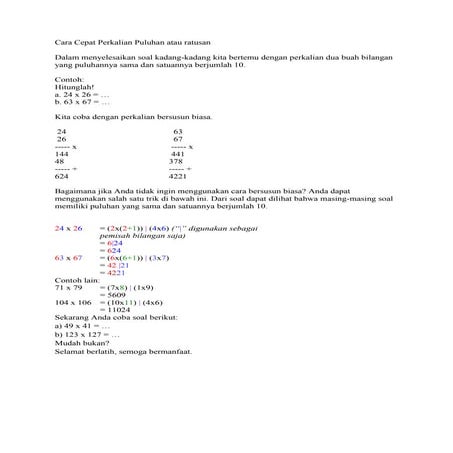 Cara cepat perkalian puluhan atau ratusan | DOCX