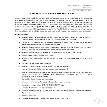 Caracteristicas principales de sql ansi 92 ensayo | PDF