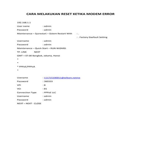 Cara melakukan reset ketika modem speedy error | DOCX