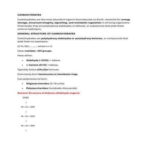 CARBOHYDRATES- structure, occurence and functions | PDF