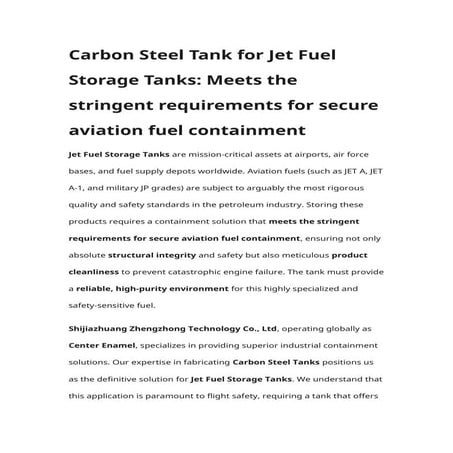 Carbon Steel Tank for Jet Fuel Storage Tanks Meets the stringent ...