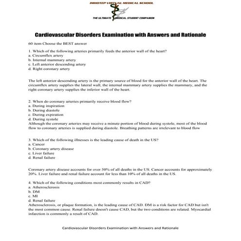 IVMS-Cardiovascular Disorders Examination with Answers and Rationale | PDF