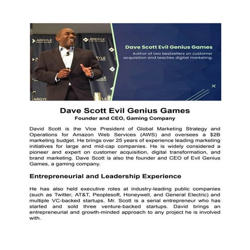 Career and history of Dave Scott Evil Genius Games | PDF