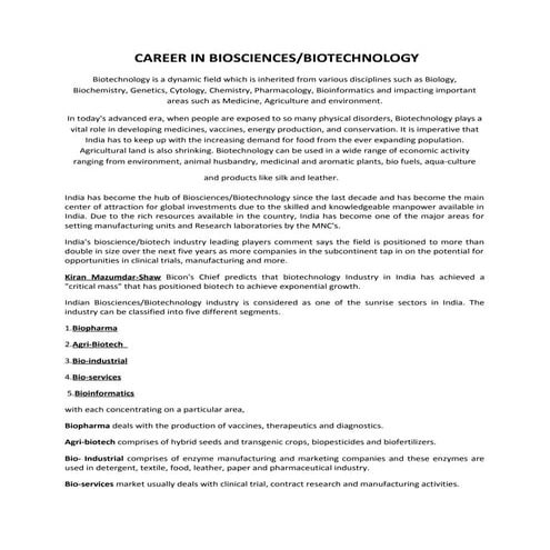 Career in biosciences and biotechnology | PDF