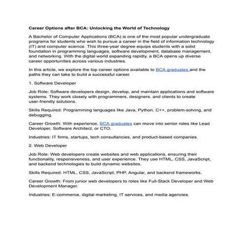 Career Options after BCA_ Unlocking the World of Technology | PDF