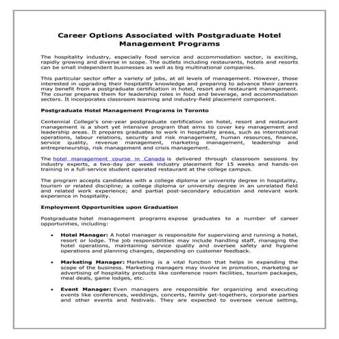 Career options associated with postgraduate hotel management programs | DOC