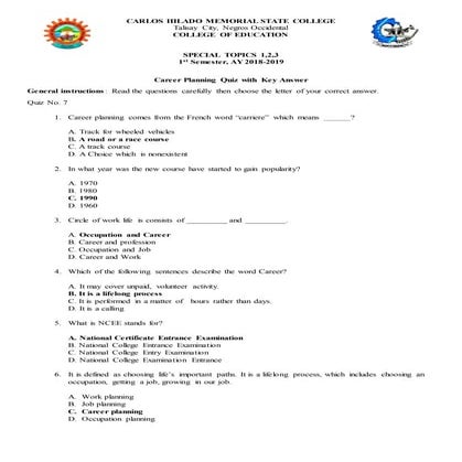 Career planning quiz no. 7 & 8 | DOCX