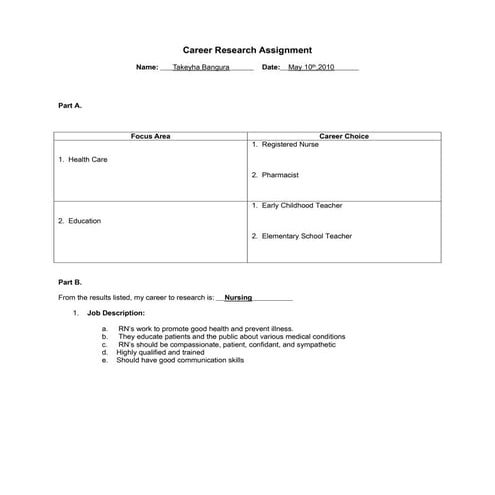 Career research assignment | DOCX | Secondary Education | Education