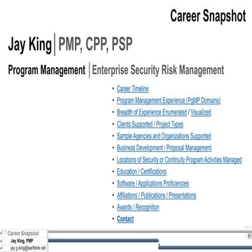 Career Snapshot - Jay King, PMP, CPP, PSP | PDF
