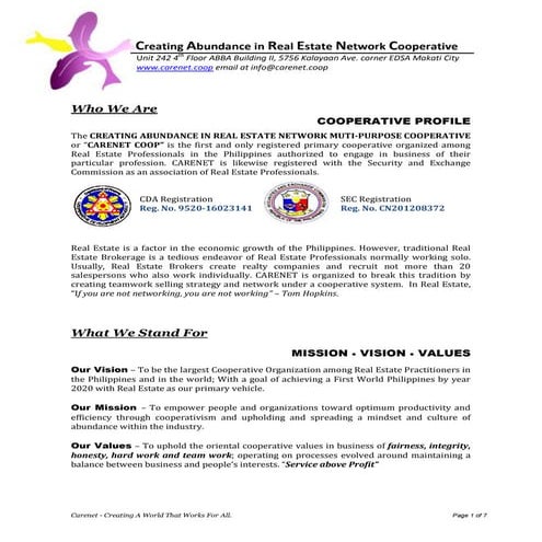 CARENET Multi-Purpose Cooperative Profile 2013 | PDF