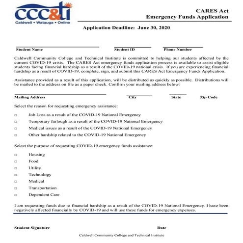 Pitt Community College CARES Act Funding Student Application | PDF