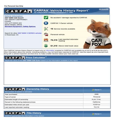 Carfax vehicle history report on wbawv13587 pk48021 | PDF