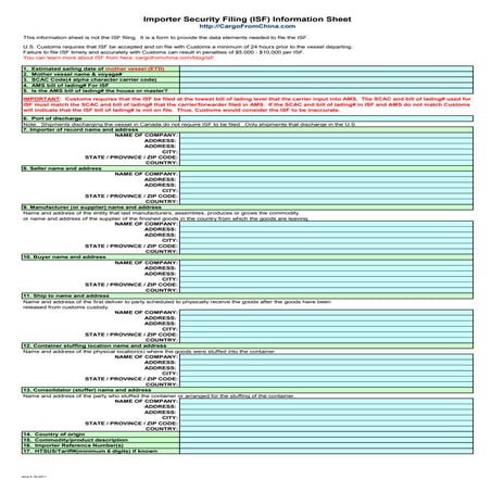 ISF 10+2 blank form sample for easy reference | PDF | Cruises | Travel Type