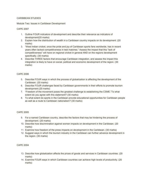 Cape Caribbean studies past paper questions 2006- 2010 | PDF