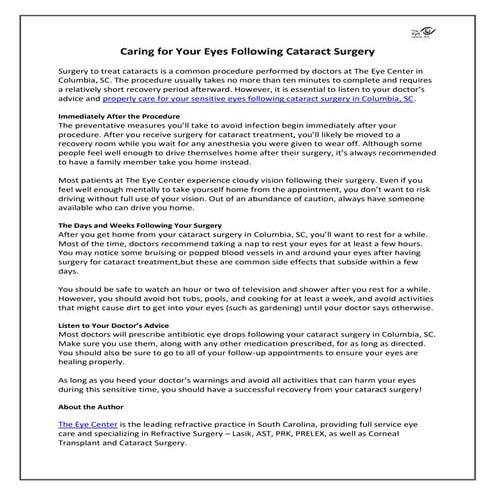 Caring for Your Eyes Following Cataract Surgery | PDF