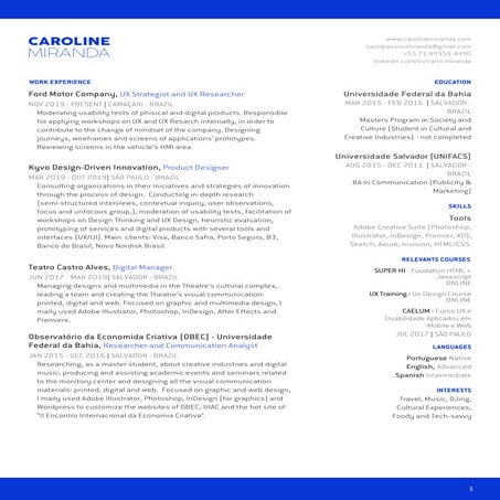 Caroline Miranda - Resume 2020 | PDF