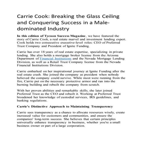 Carrie Cook: Breaking the Glass Ceiling and Conquering Success in a ...