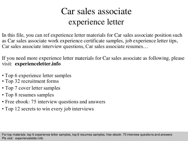 Car sales associate experience letter