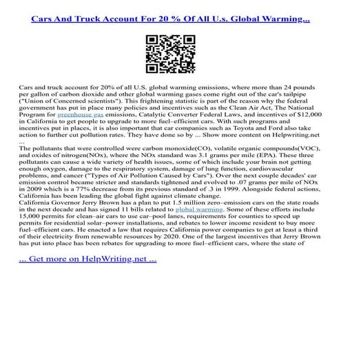 Cars And Truck Account For 20 % Of All U.S. Global Warming... | PDF