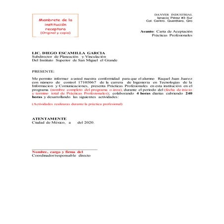 Carta De Aceptacion Profesional
