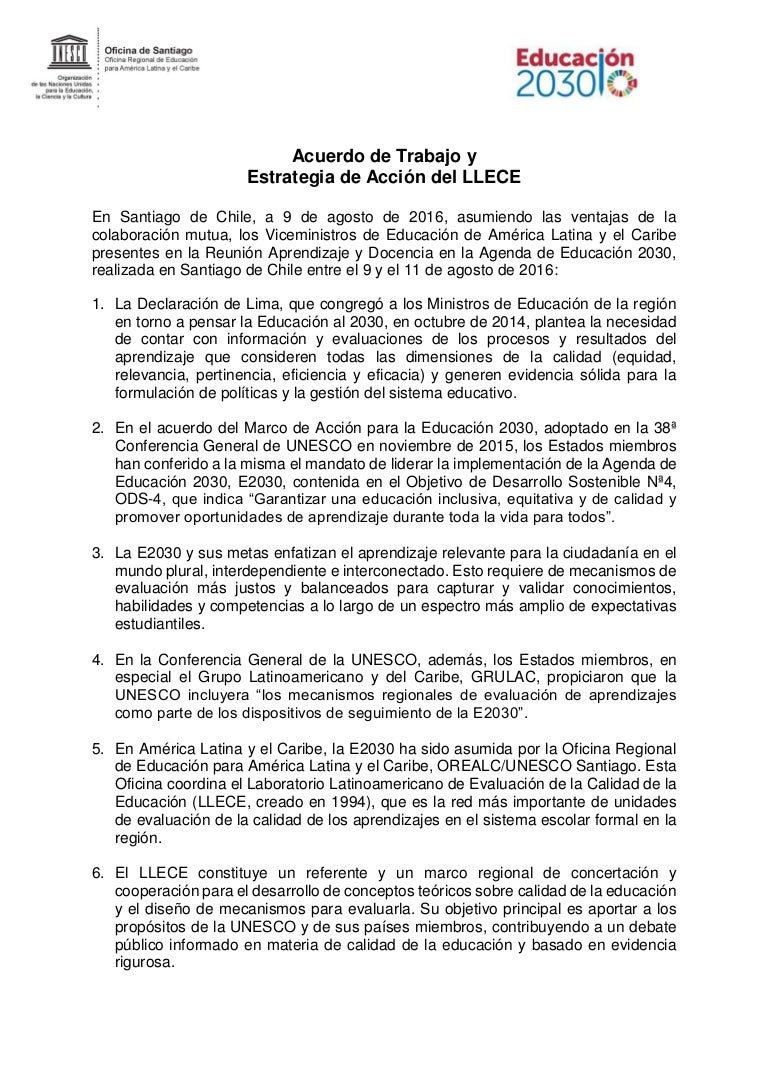 Acuerdo de Trabajo y Estrategia de Acción del LLECE. Carta compromiso…