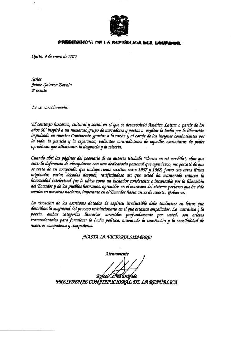 Carta del Presidente Rafael Correa Delgado, dirigida al Dr. Jaime Gal…
