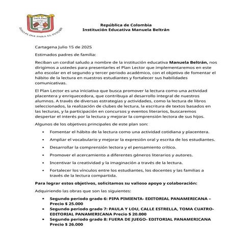 Carta plan lector 2025.institucion educativa Manuela beltrandocx | DOCX