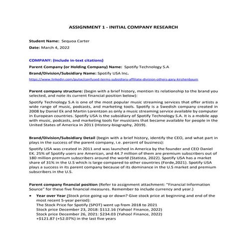 Company Research for Spotify. | DOCX