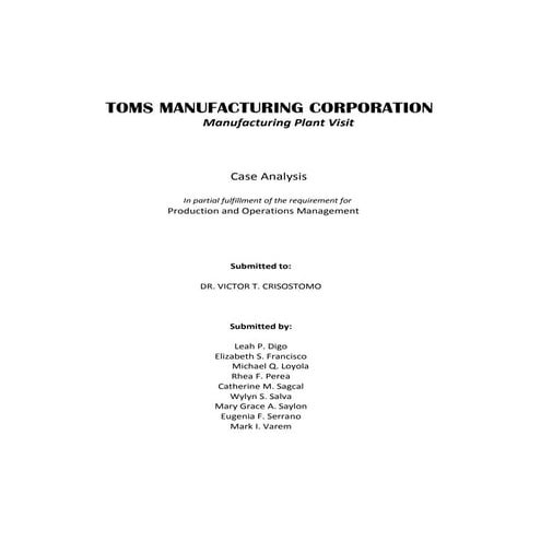 Case analysis toms manufacturing corporation | PDF