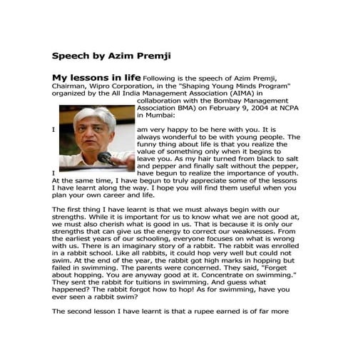 Lessons of life - excellent speech by Azim Premji | DOC