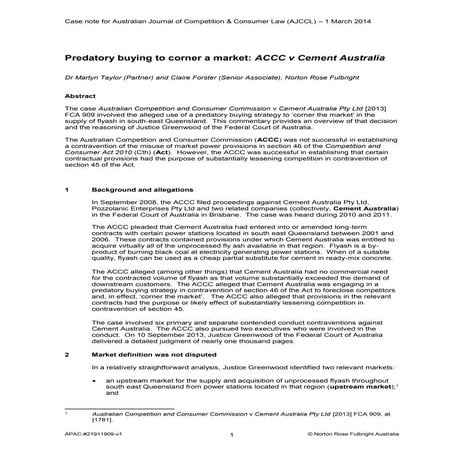 Predatory buying to corner a market: ACCC v Cement Australia | DOCX