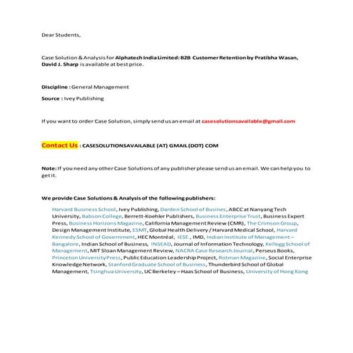 Case Solution for Alphatech India Limited: B2B Customer Retention | DOCX