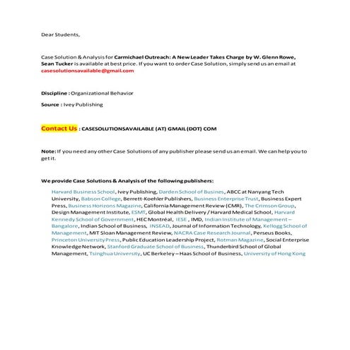 Case Solution for Carmichael Outreach: A New Leader Takes Charge | DOCX